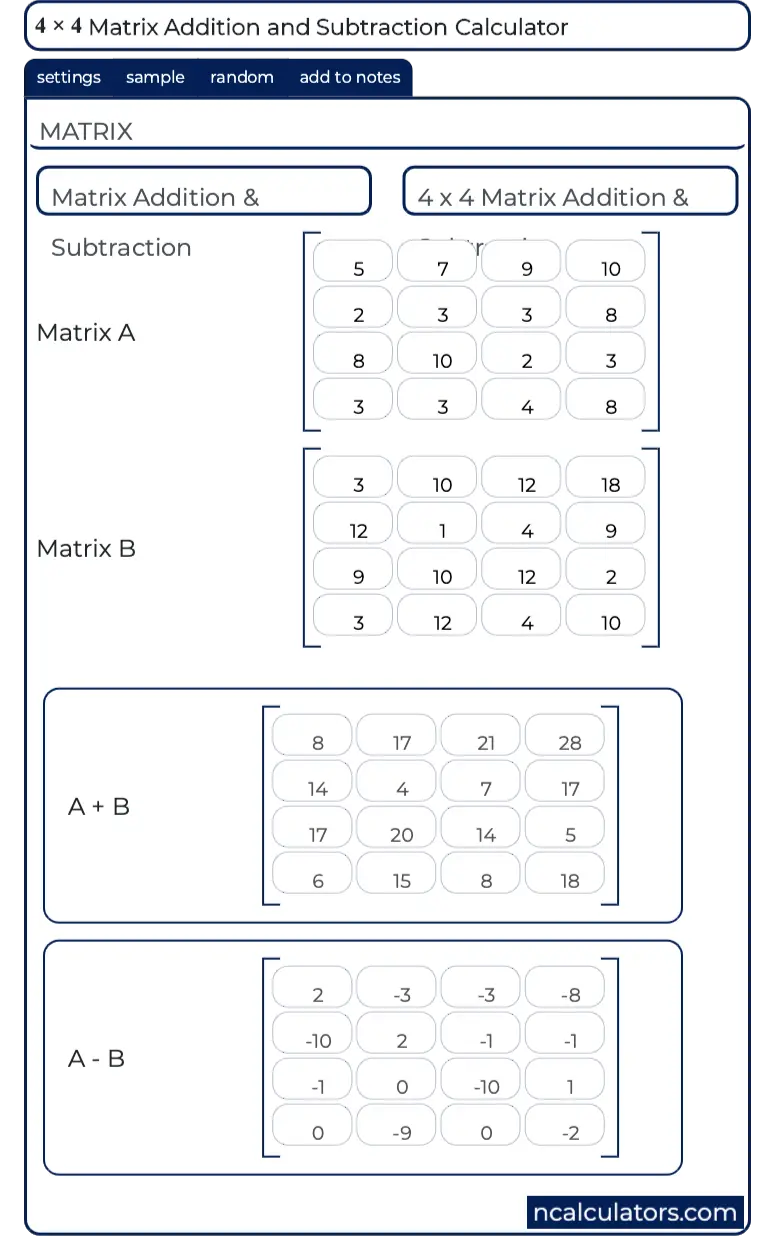 4x4 Matrix Addition And Subtraction Calculator 4x4 Matrix Addition And Subtraction Calculator